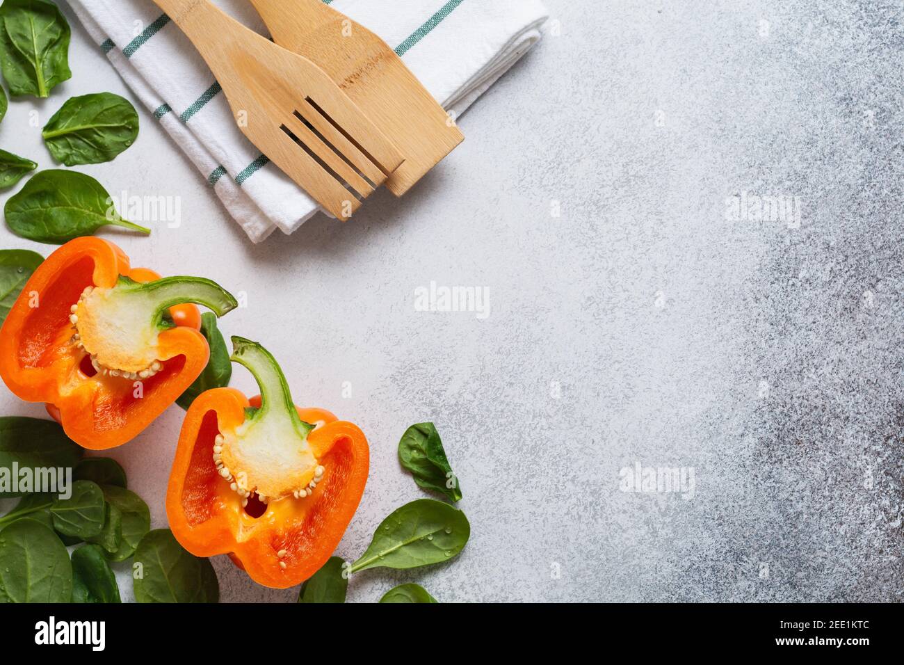 Food cooking background on white wooden table. Fresh vegetables, spices ...