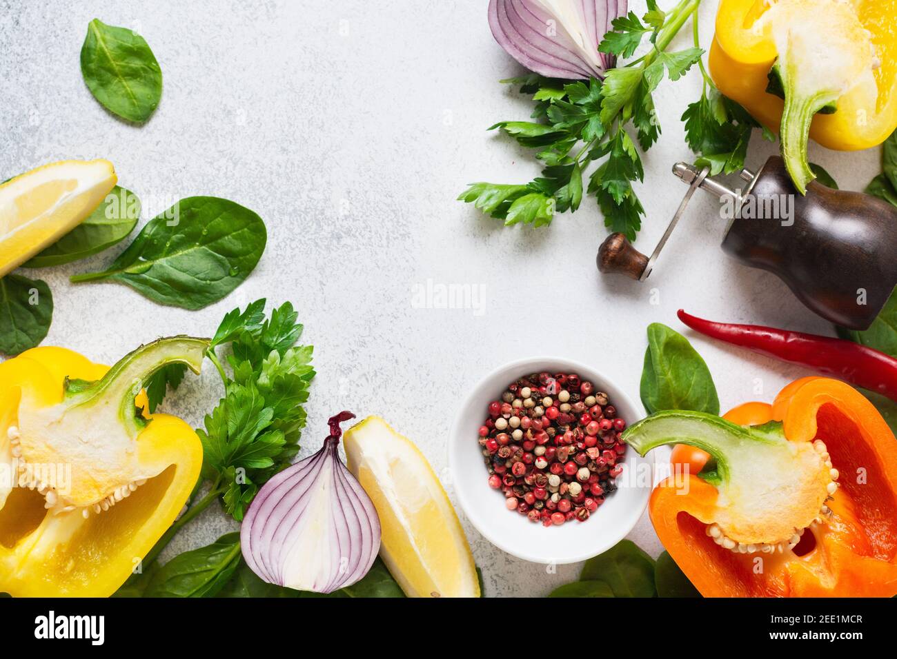 Food cooking background on white wooden table. Fresh vegetables, spices ...