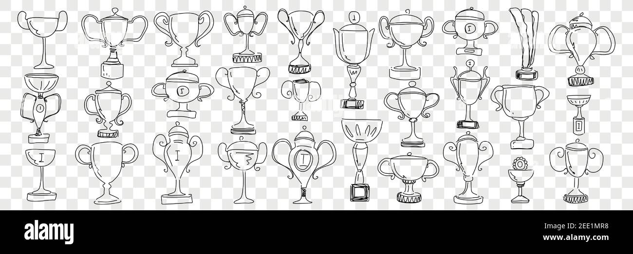Winners cups and trophies doodle set. Collection of hand drawn golden ...