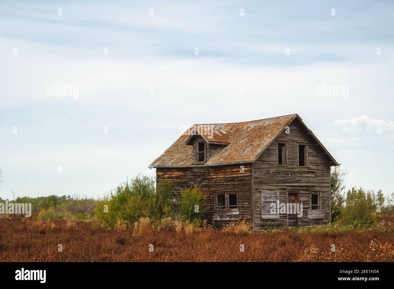 A beautiful wooden weathered two story old farm house dotted with green ...