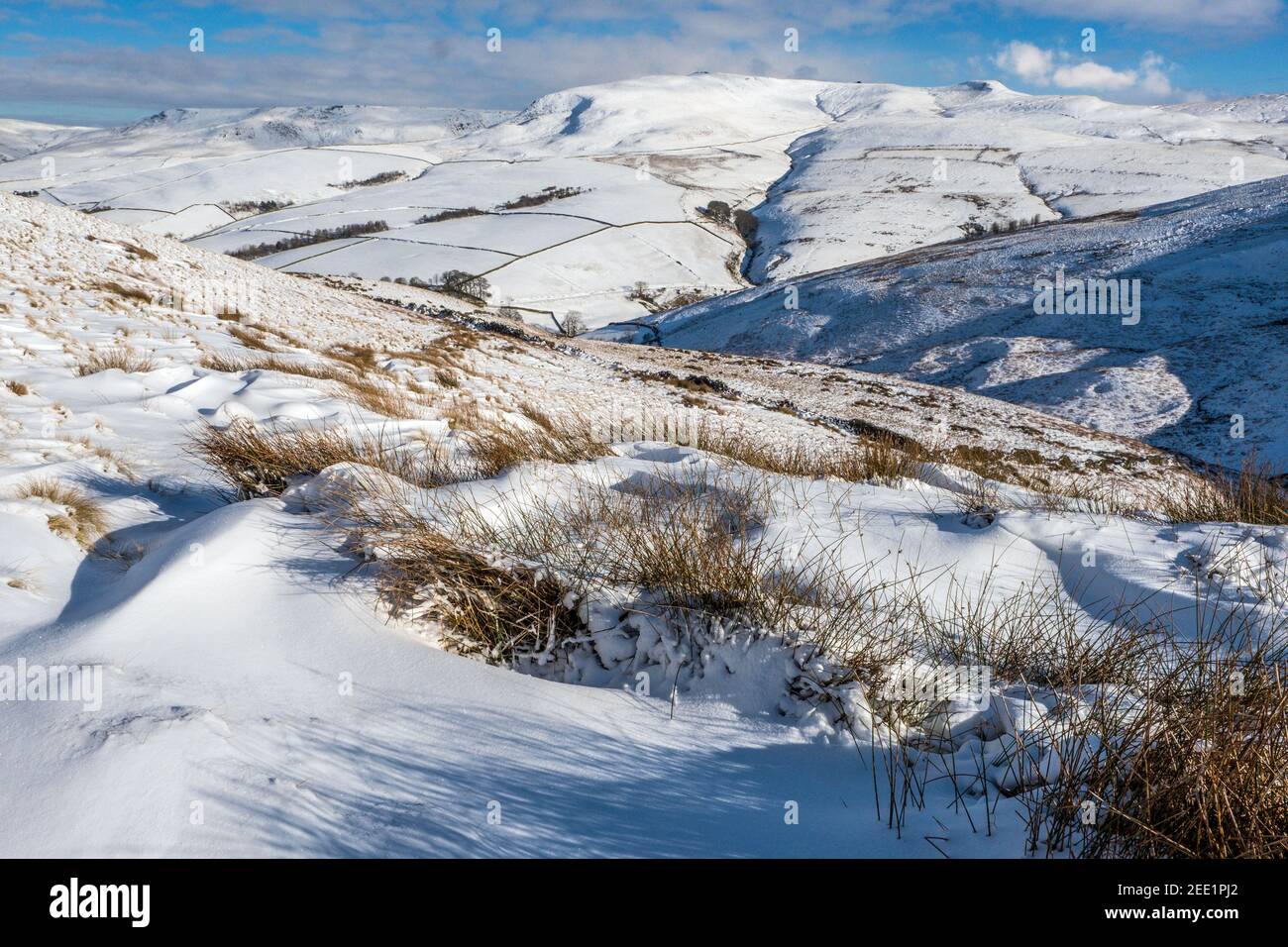 Kinderlow End and The western side of Kinder Scout in winter snow from ...