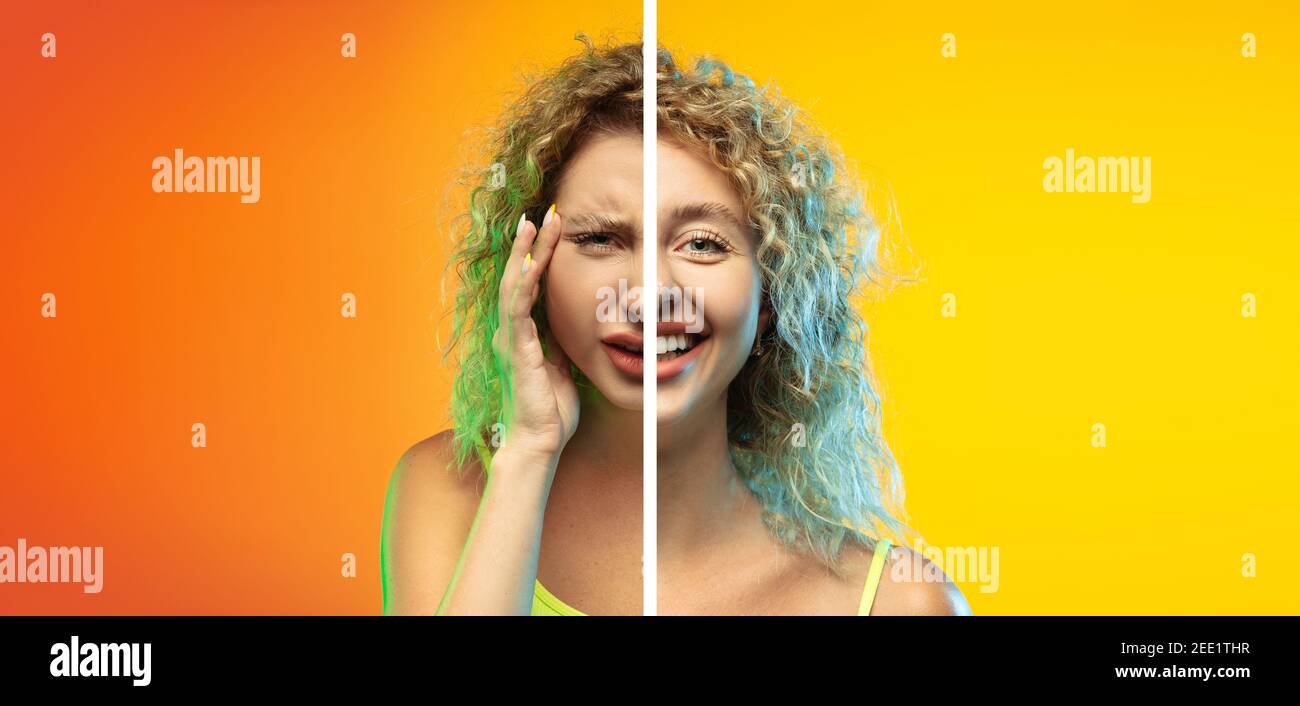 Suffering and smiling. Fun and creative combination of portraits of ...