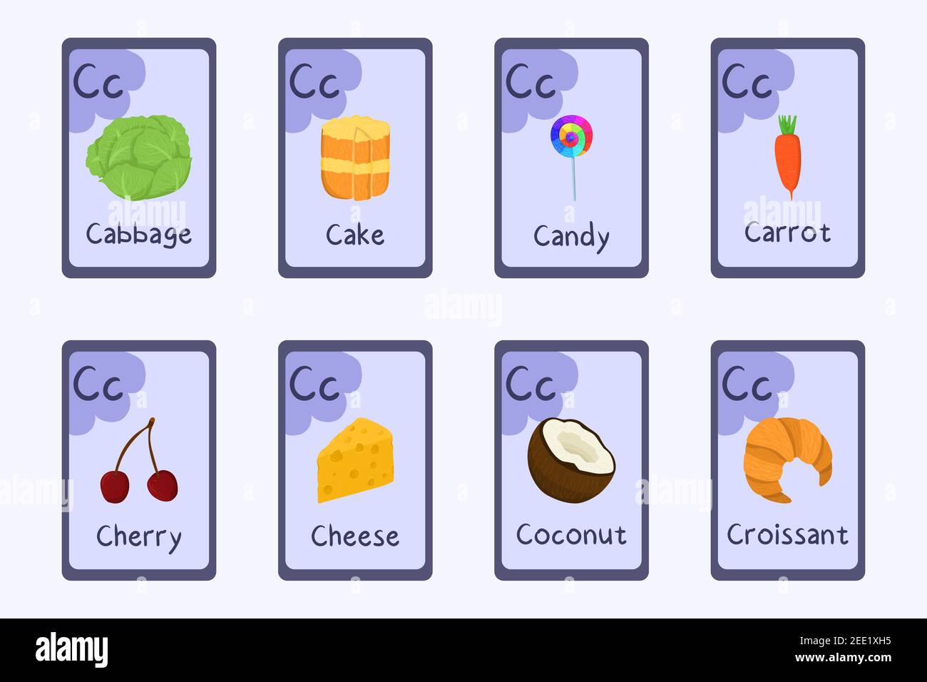 Colorful Phonics flashcard Letter C - cabbage, cake, candy, carrot ...