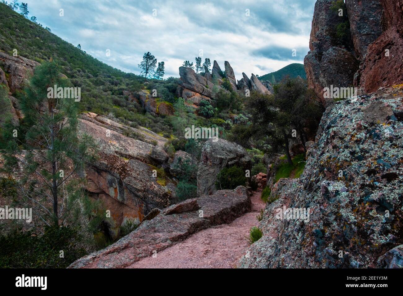 Rocky path to forest-covered mountains in Pinnacle National Park ...