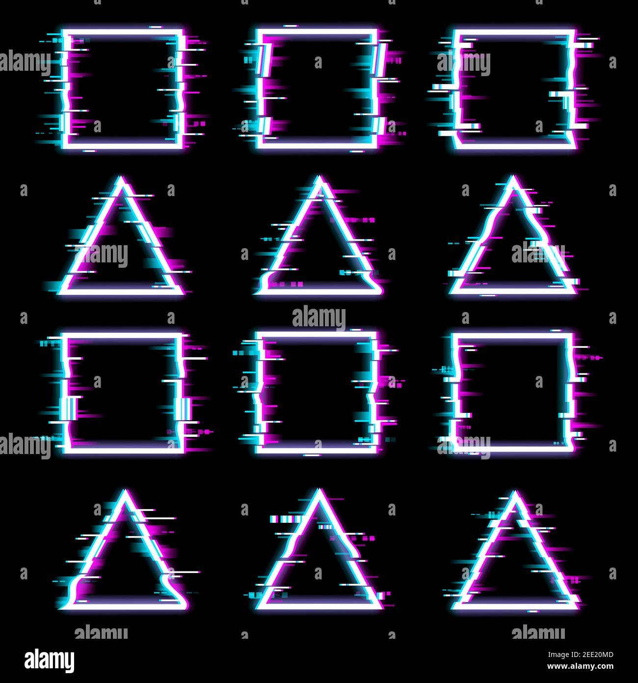 Glitch frames vector distorted neon glowing pixelized borders of ...