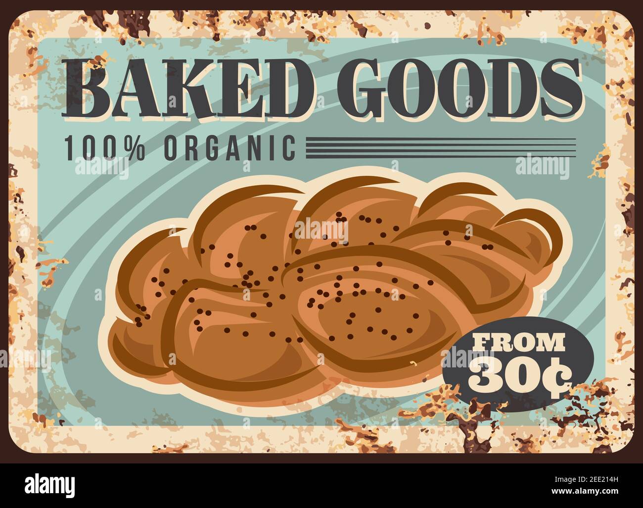 Bread metal plate rusty, bakery shop loaf poster, vector retro price ...