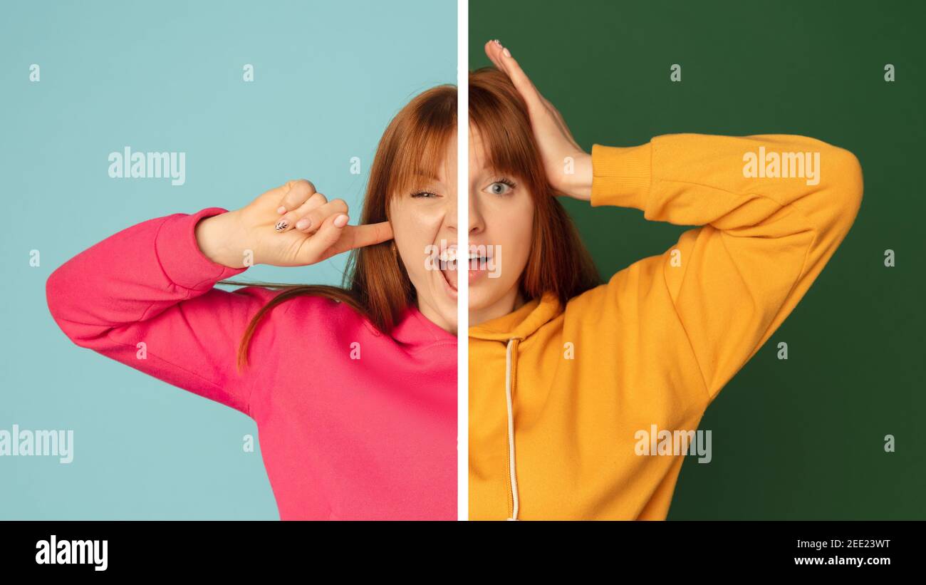 Happy and disappointed. Fun and creative combination of portraits of ...