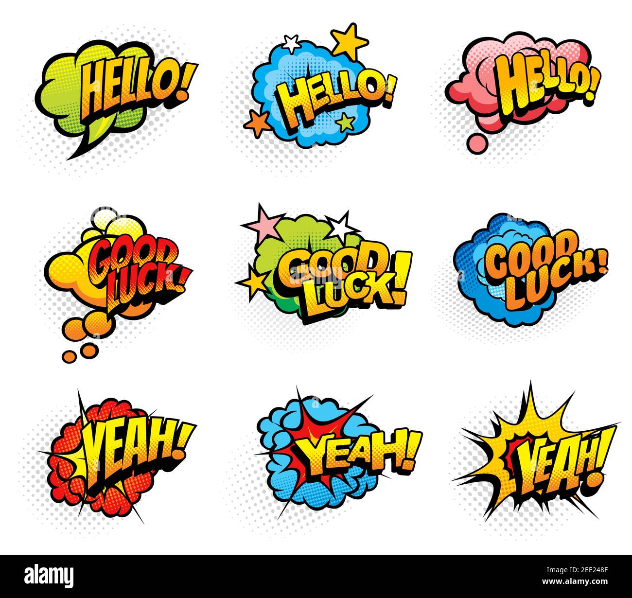 Pop art retro exclamations and wishes speech clouds and explosions ...