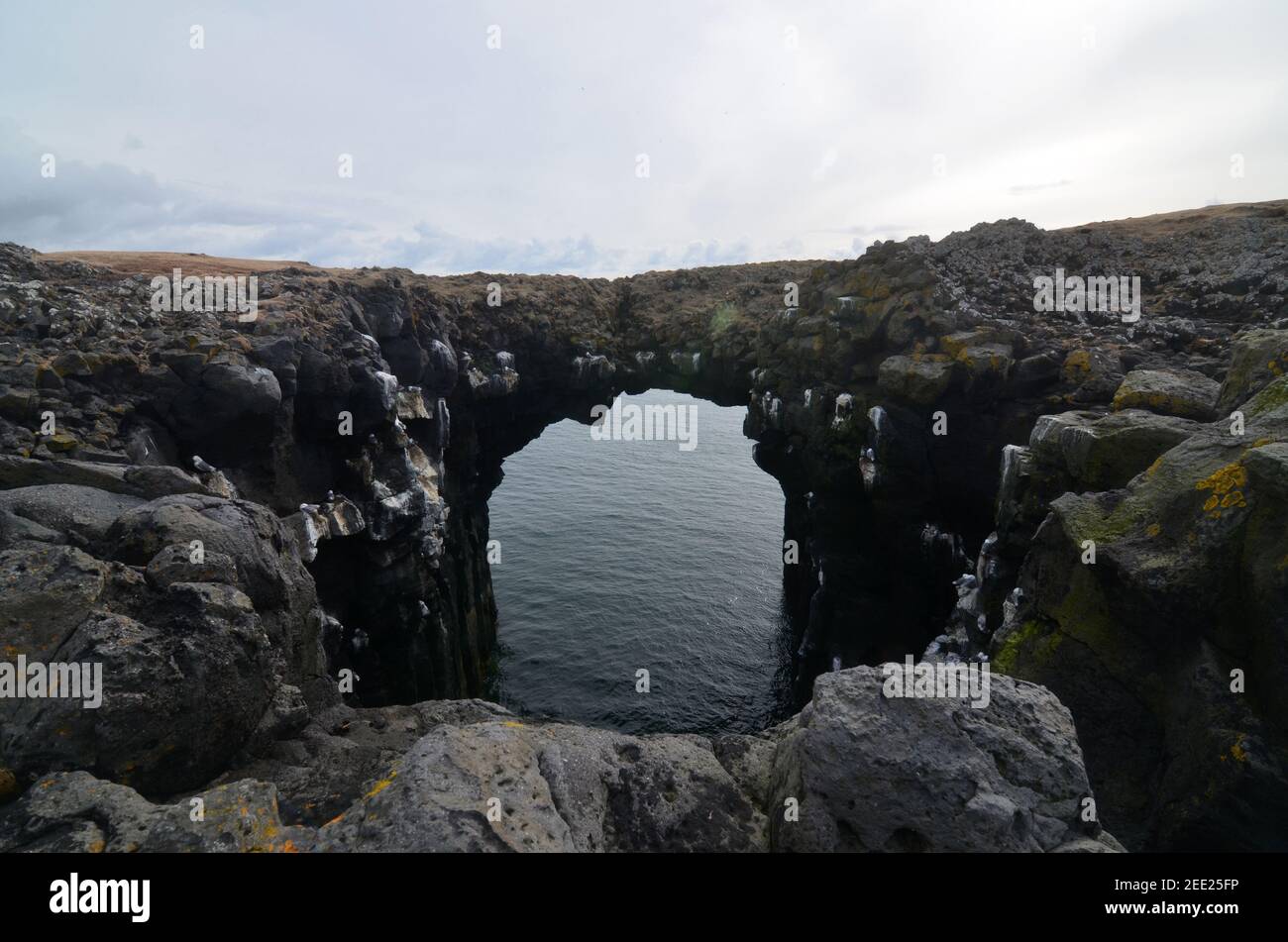 Stone land bridge made of rock along the coast of Iceland Stock Photo ...