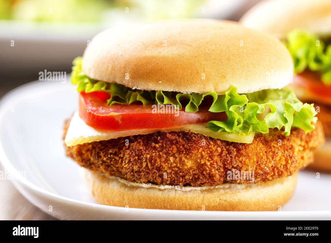 Mini Crispy Chicken Burger with Lettuce Tomato and Cheese Stock Photo ...
