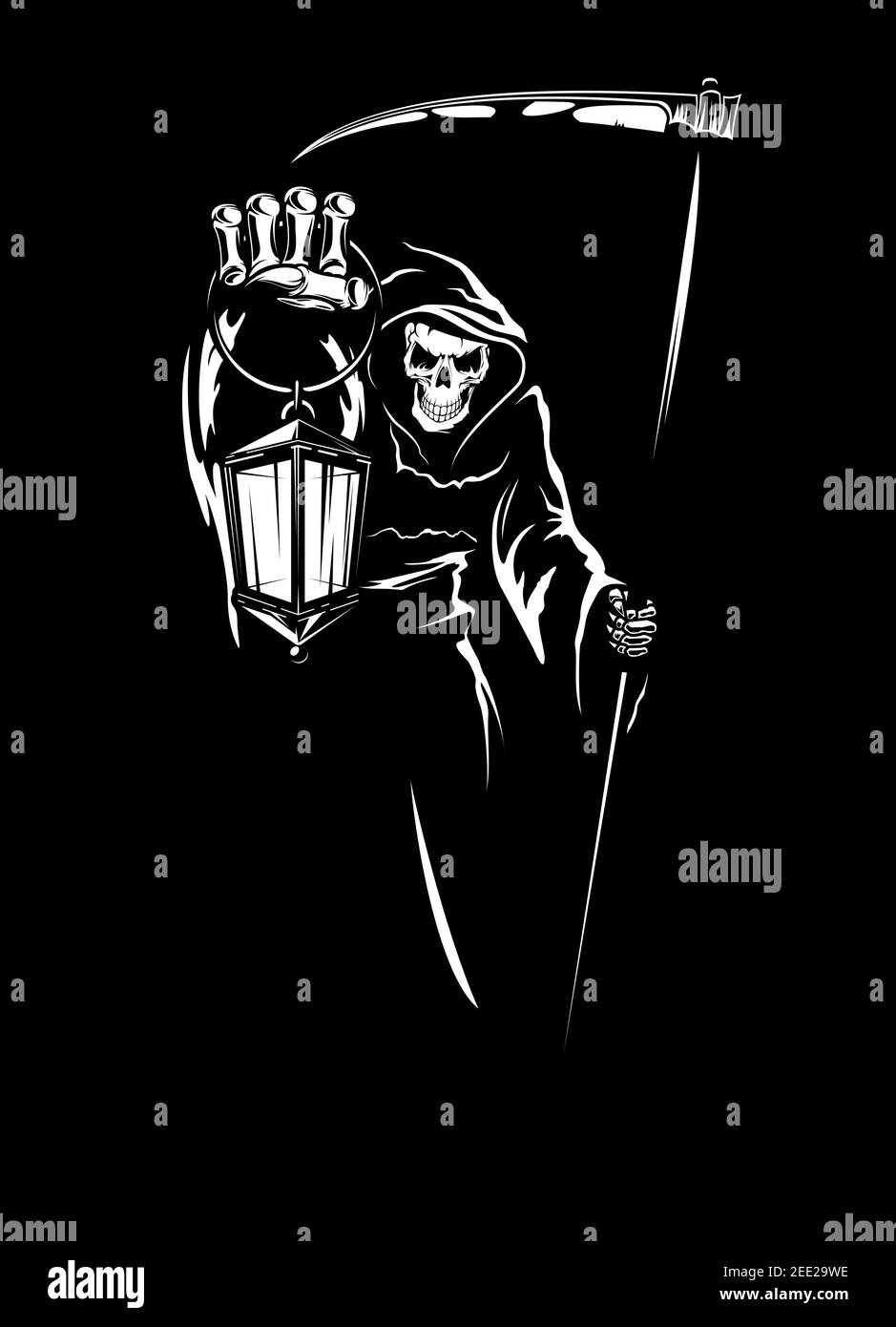 Grim reaper with scythe, death holding lantern. Ominously smiling human ...