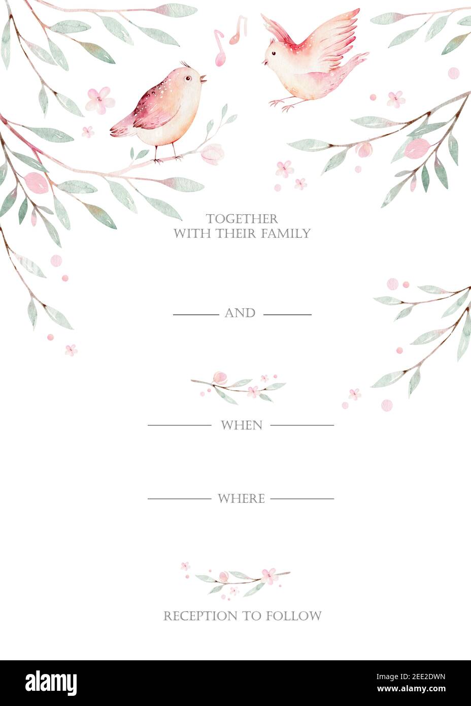 Spring bird on blooming branch with green leaves and flowers ...