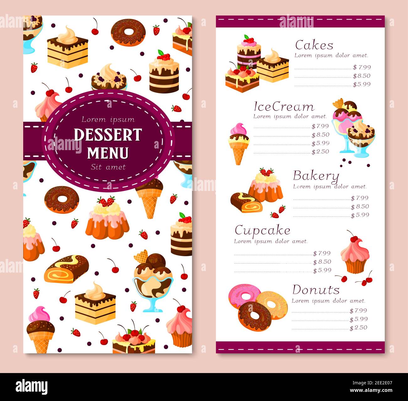 Bakery desserts vector menu. Price for pastry cakes, ice cream and ...
