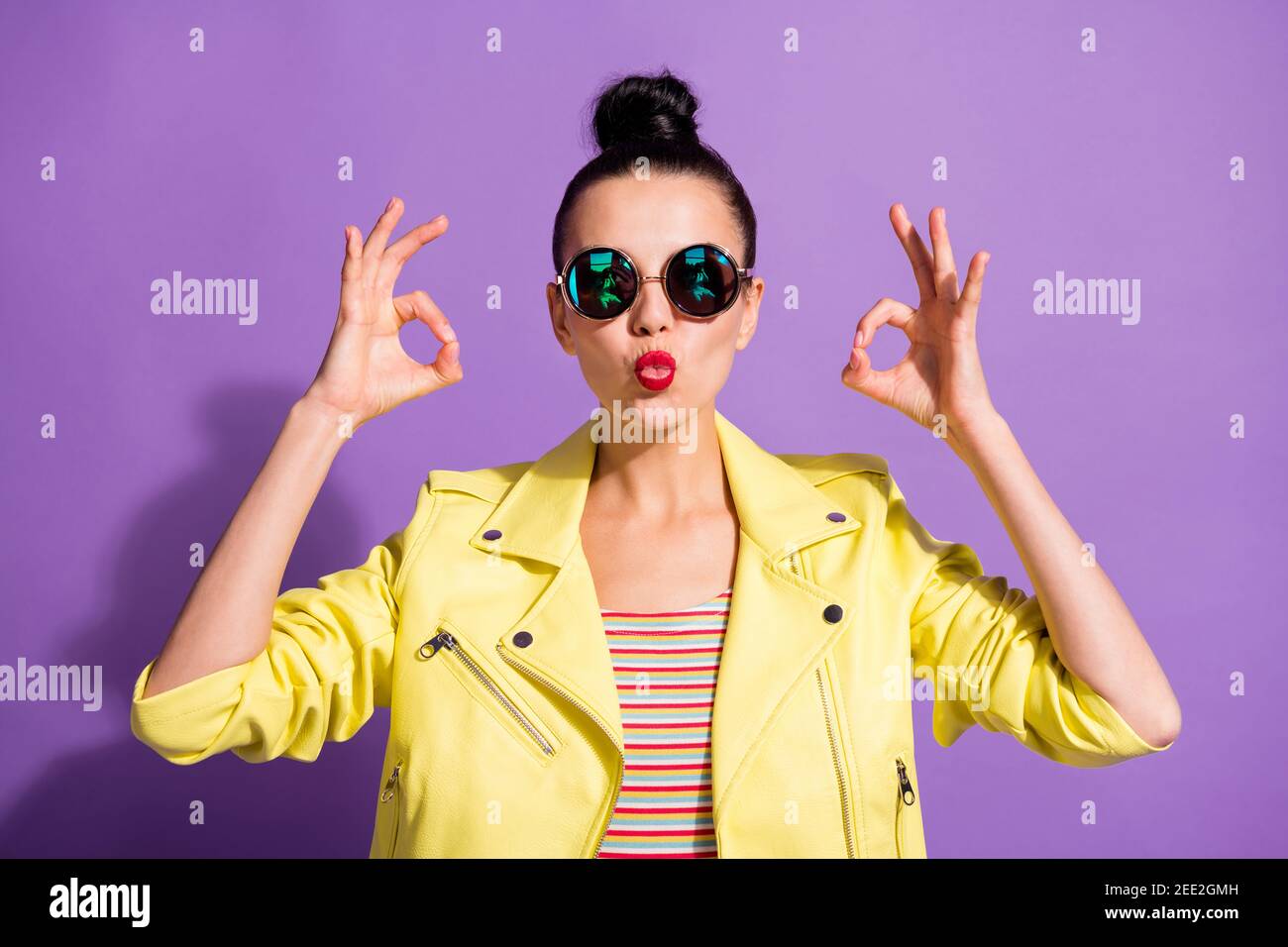 Photo of young beautiful positive girl woman female pout lips showing ...