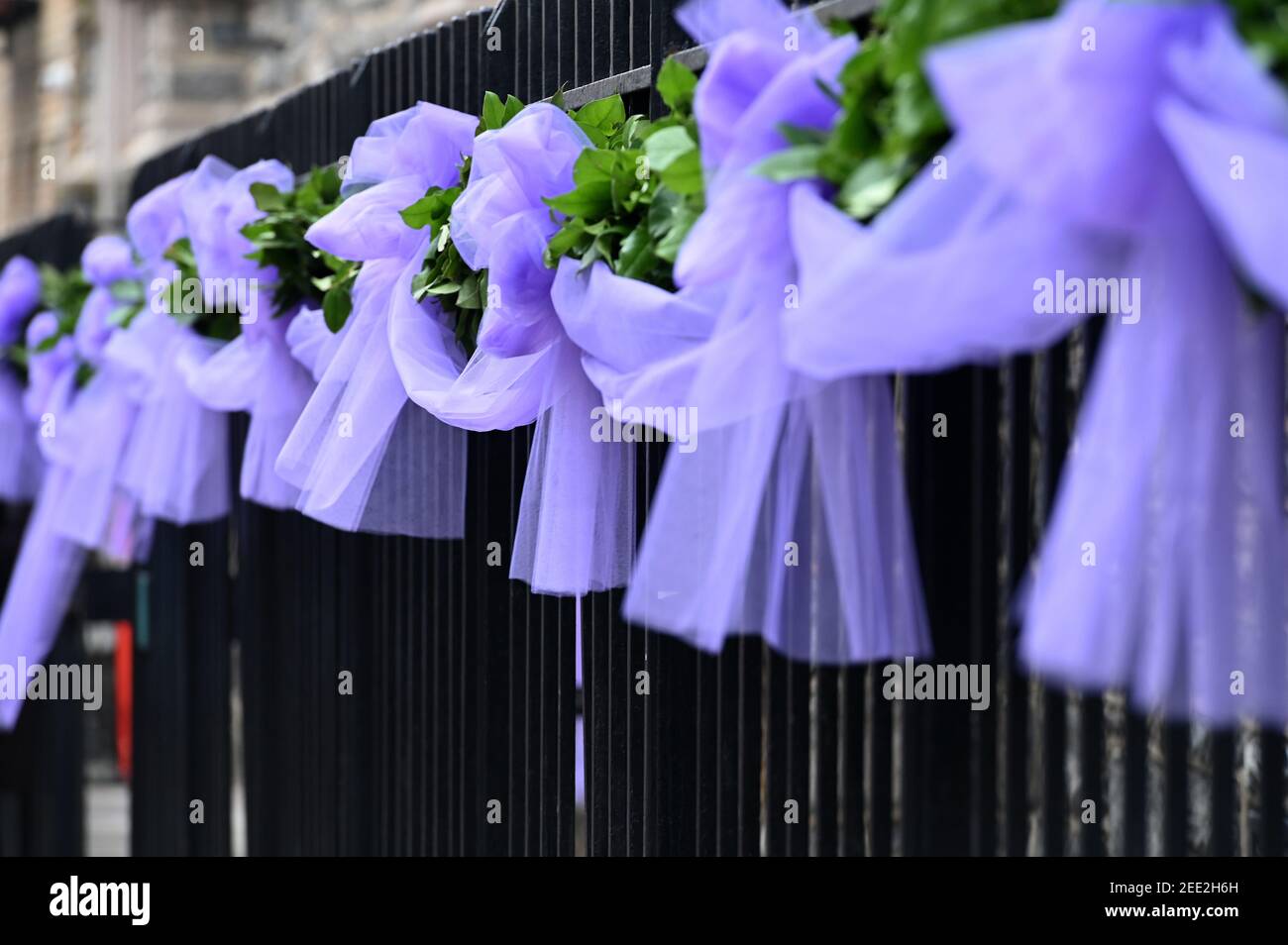 New York, USA. 15th Feb, 2021. Purple funeral bunting decorates the ...