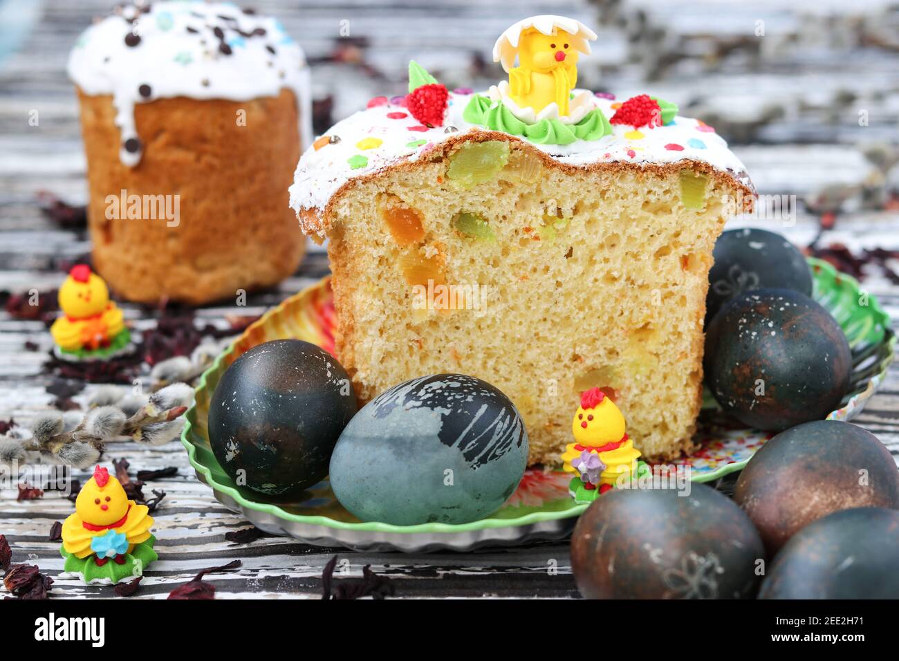 Easter eggs painted karkade tea, Easter cakes on a plate, spring still ...
