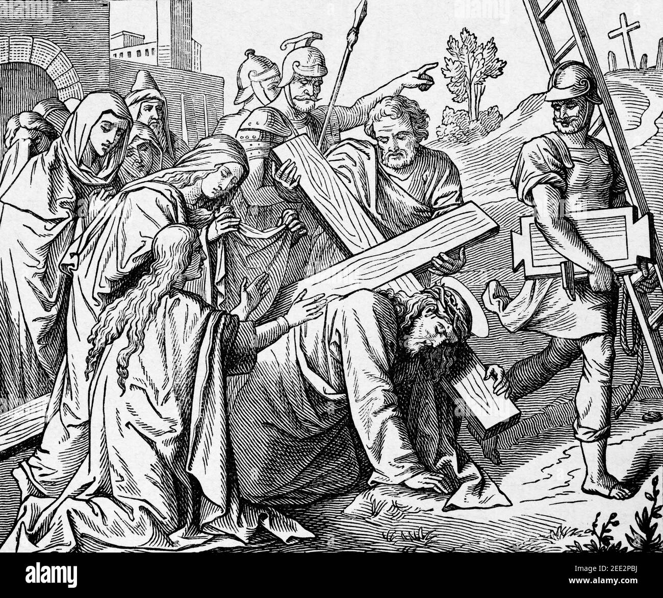 Jesus carrying a heavy cross on his way to be crucified, scene of the ...