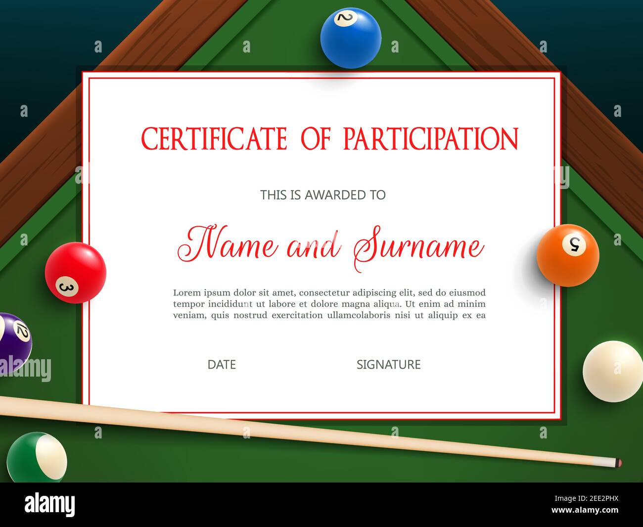 Certificate of participation in billiard tournament, diploma vector ...