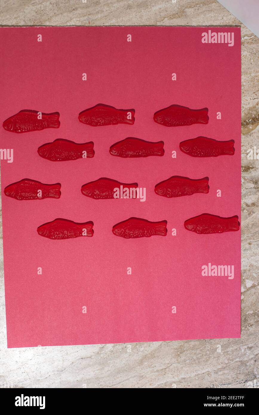 Candy is arranged on colorful paper creating repetitive patterns ...