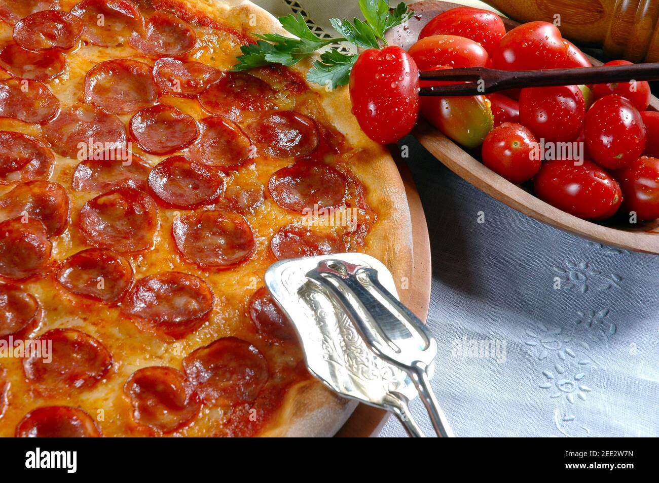 Pizza pepperoni with olive oil Stock Photo - Alamy