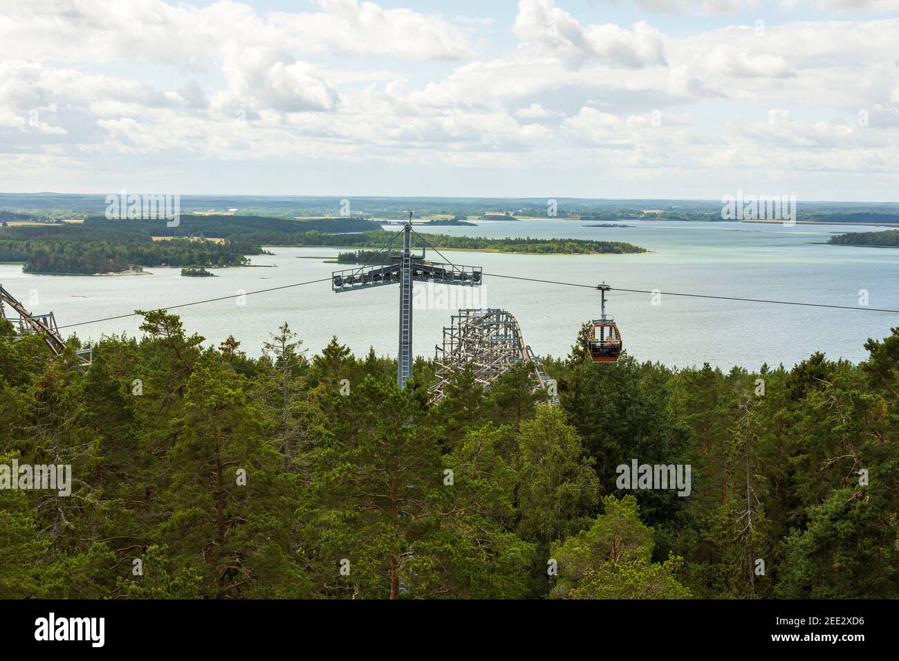 Beautiful Baltic sea view and cable car on blue sky with white clouds ...