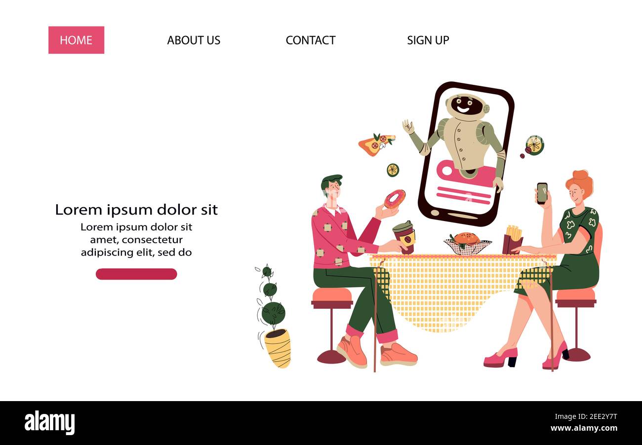 Web banner online food order and take away restaurant delivery, cartoon ...