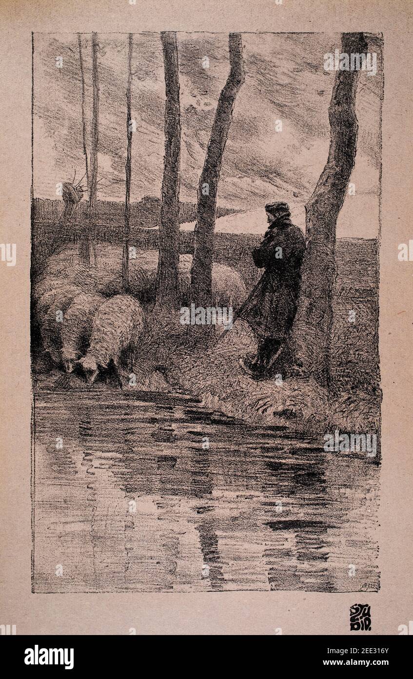 Shepherd with sheep at pond in winter, halftone reproduction of ...