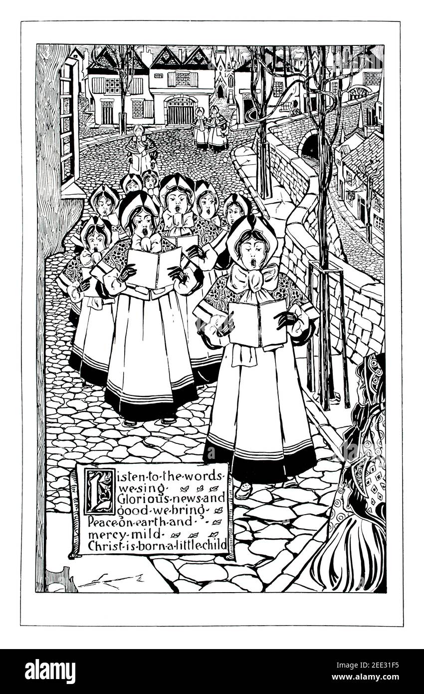 A Christmas Carol, 1898 card design depicting singers in cobbled lane ...