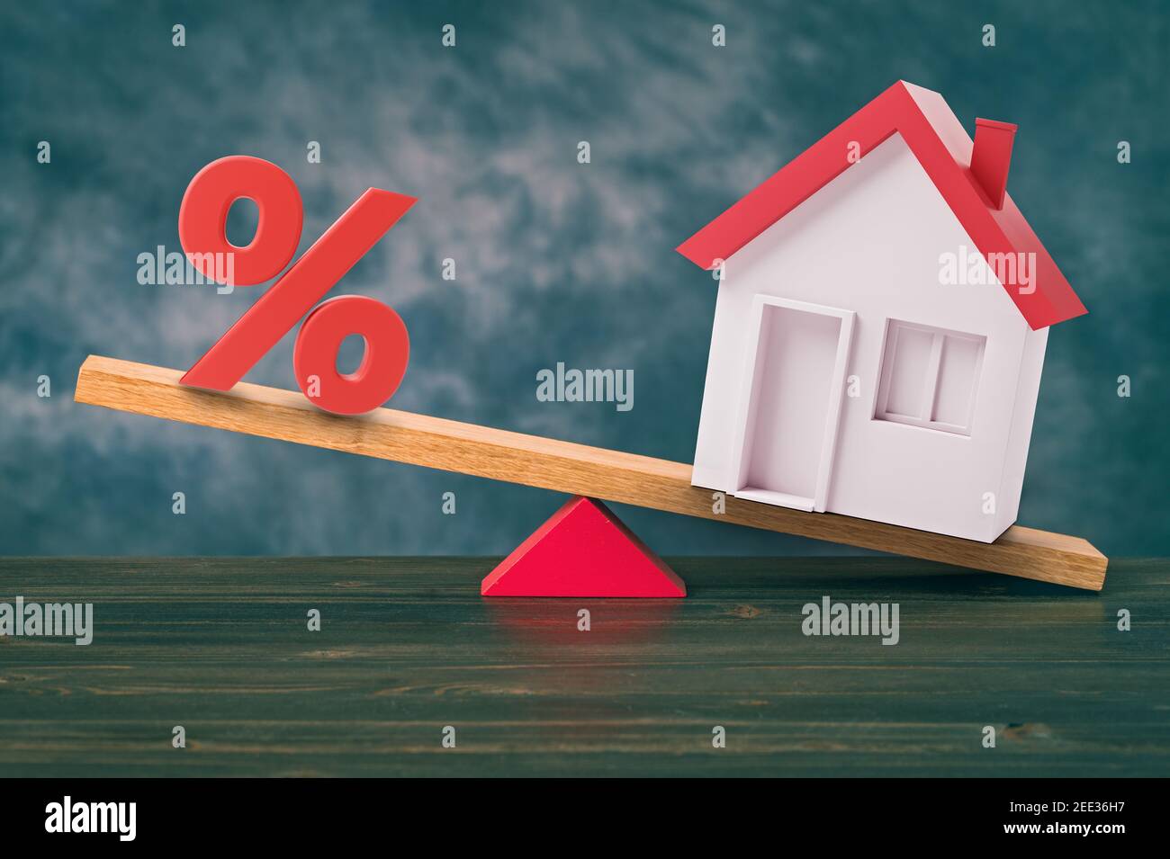 Mortgage rate balance concept, seesaw with percent and house. 3d ...