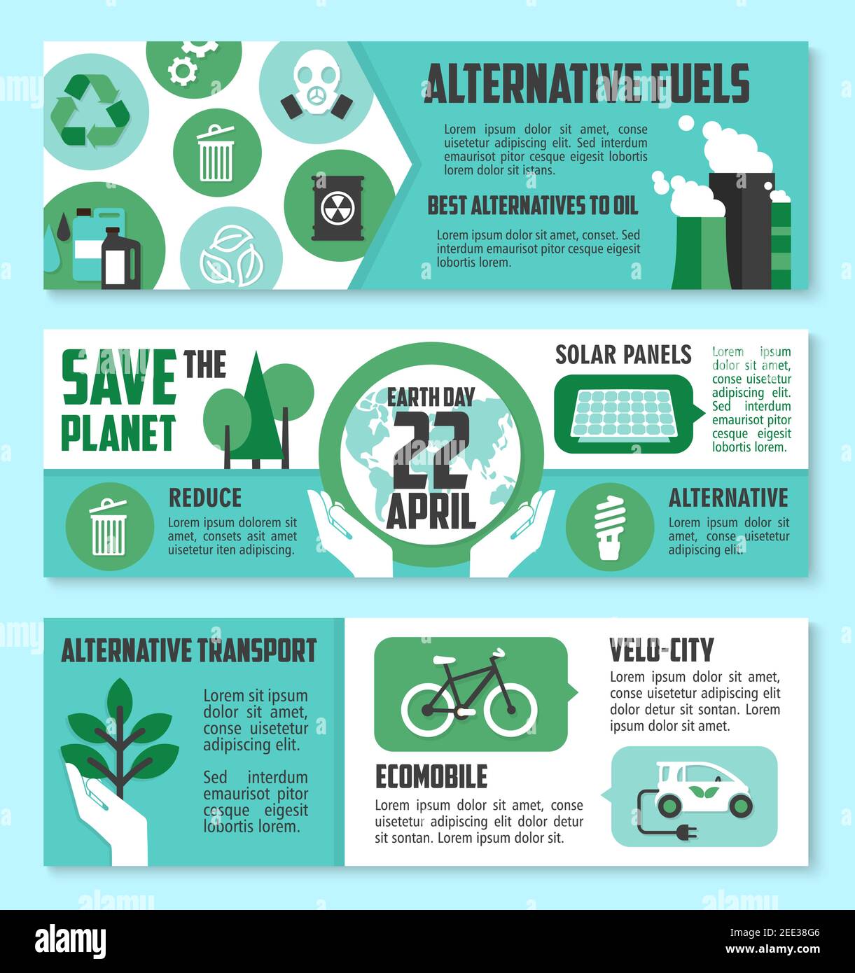 Earth Day, ecology banner set. Green energy, eco transport and ...