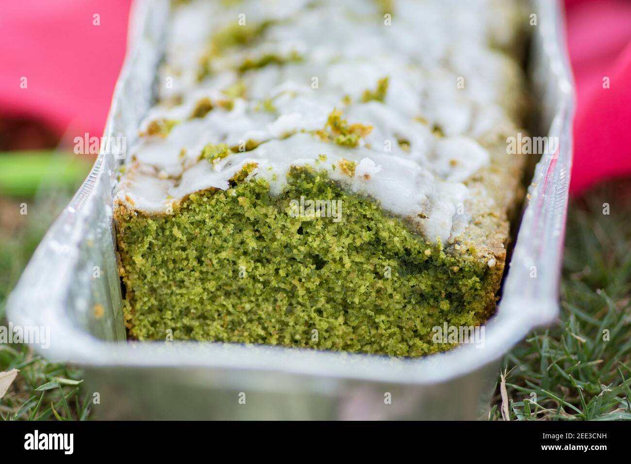 Homemade green Matcha cake, in a mettalic aluminum foil box Stock Photo ...