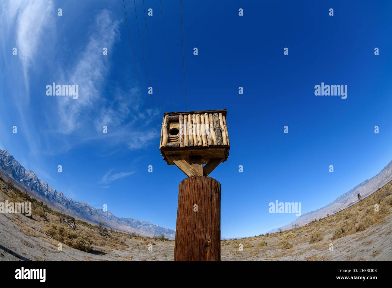 A wooden birdhouse on a pole in the desert of California, USA Stock ...