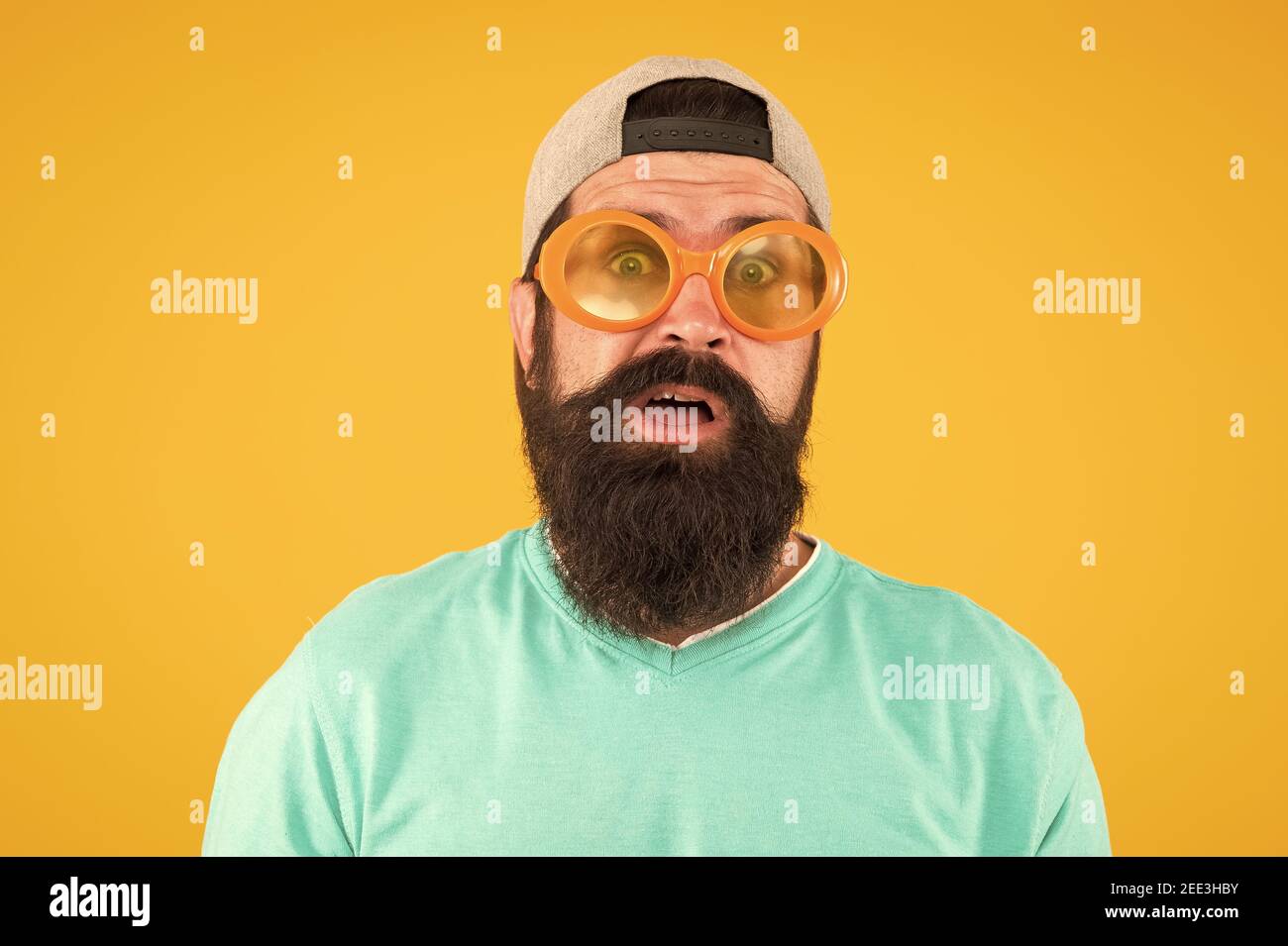 real surprise. freaky man with beard and moustache. man in funny ...