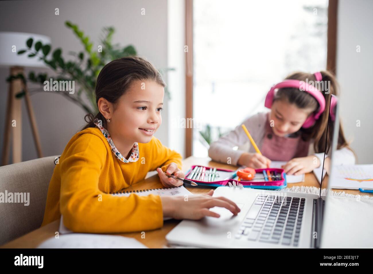 Two school girls sisters with laptop indoors at home, distance learning ...