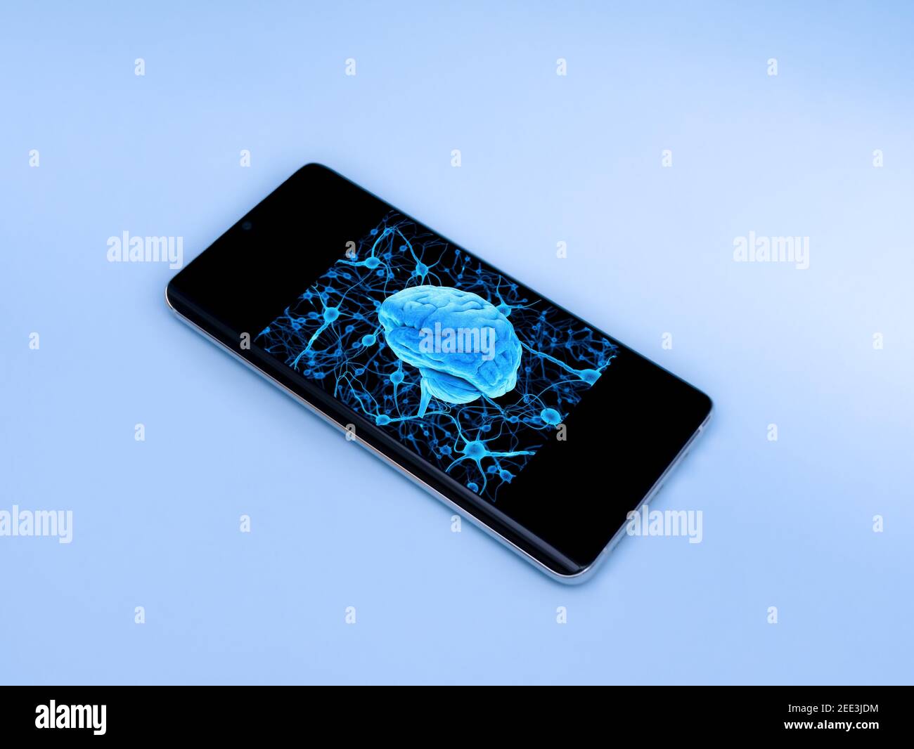 Smartphone, mobile phone isolated, brain with neurons on the ...