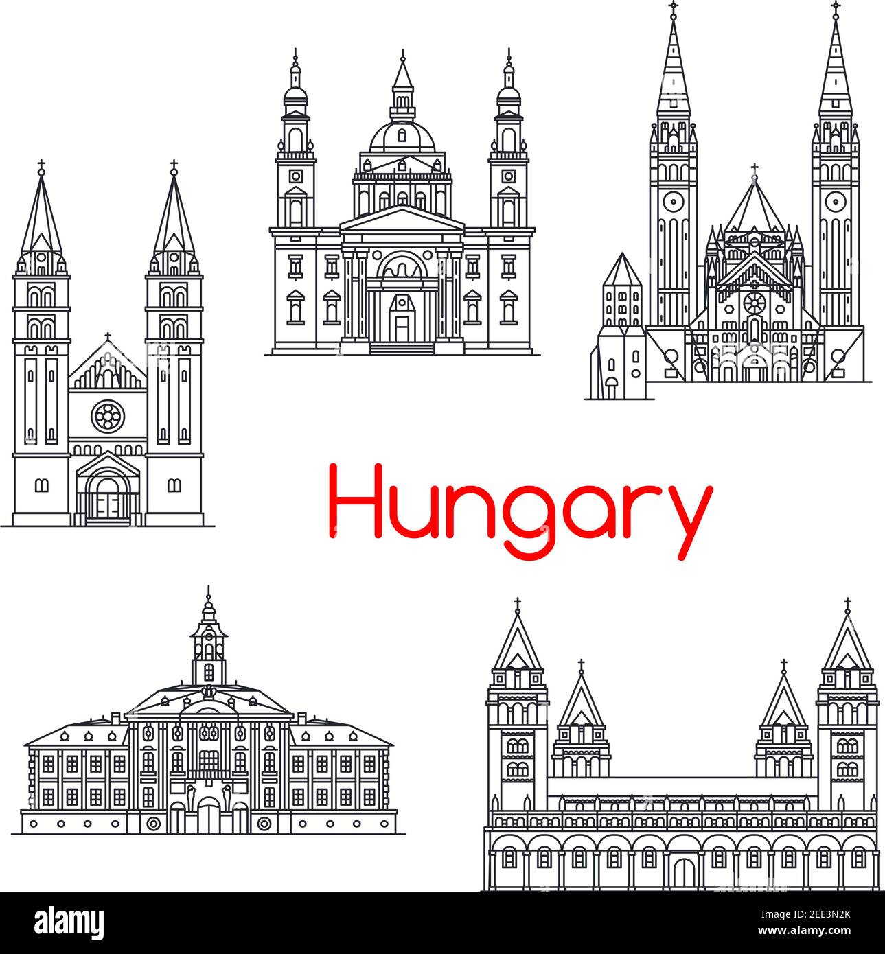 Hungary landmarks architecture and Hungarian famous buildings. Vector ...