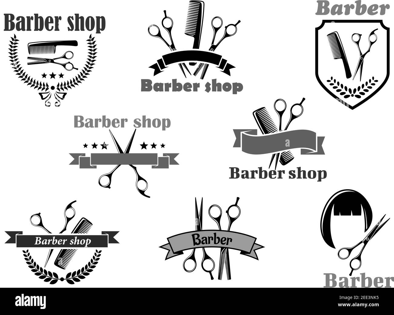 Barber shop or hairdresser salon icons. Vector symbols of hairbrush ...