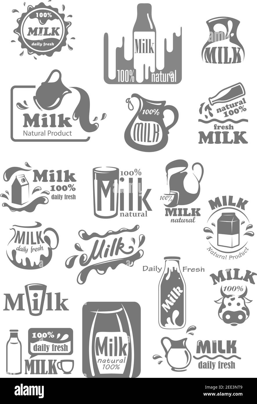 Milk icons for dairy products packaging labels. Vector icons of milk ...