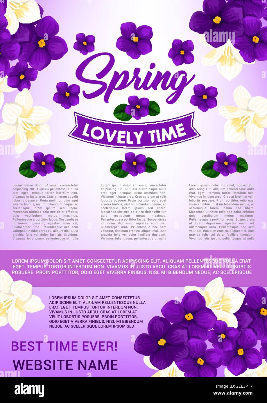 Hello Spring floral poster template with purple and white flowers ...