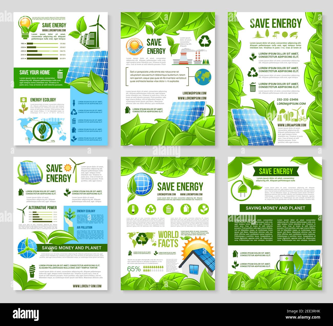 Save energy poster template set. Solar panel, wind turbine, green house ...