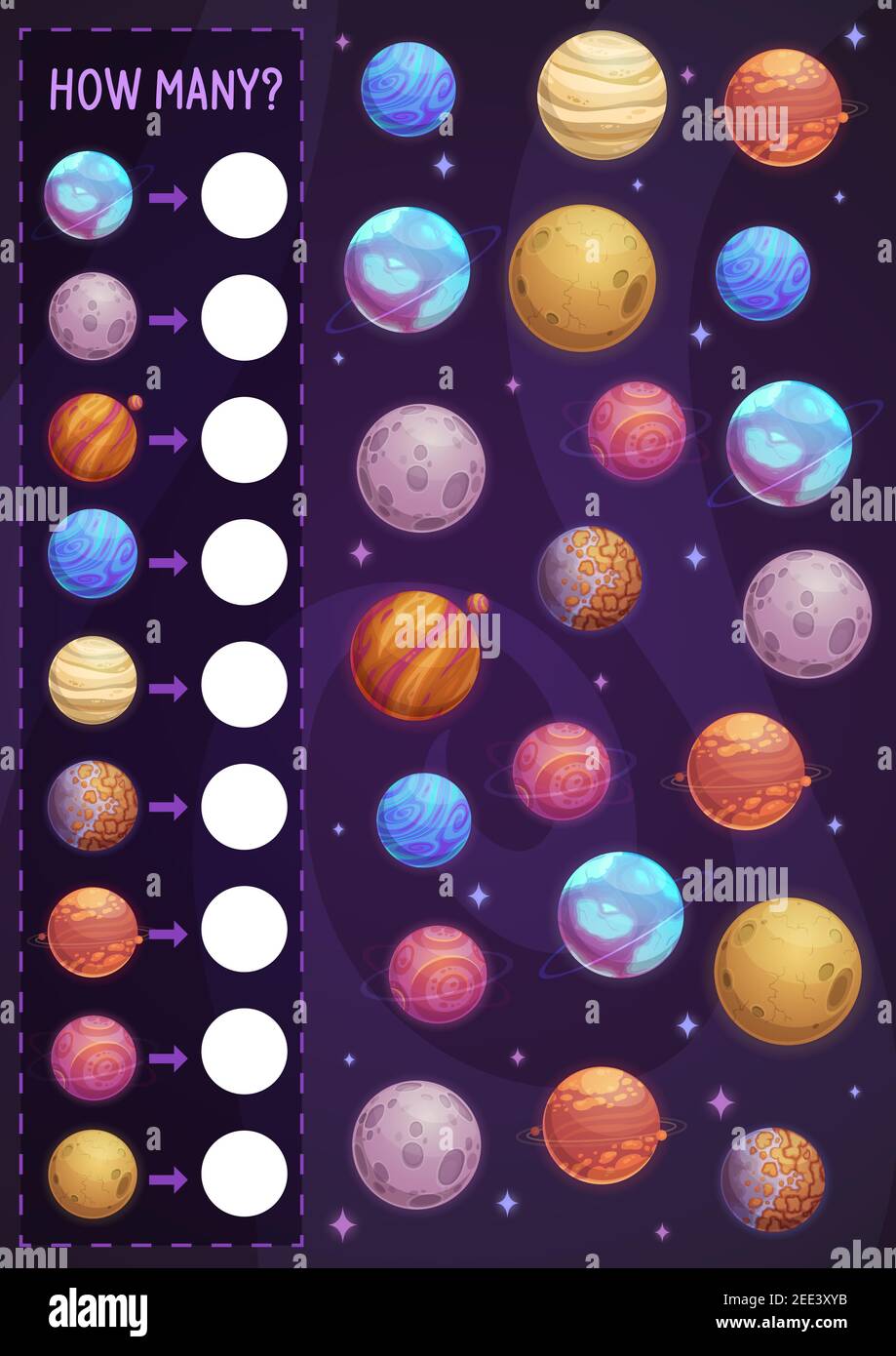Math game for kids, how many planets in space. Vector estimate task, counting practice for ...