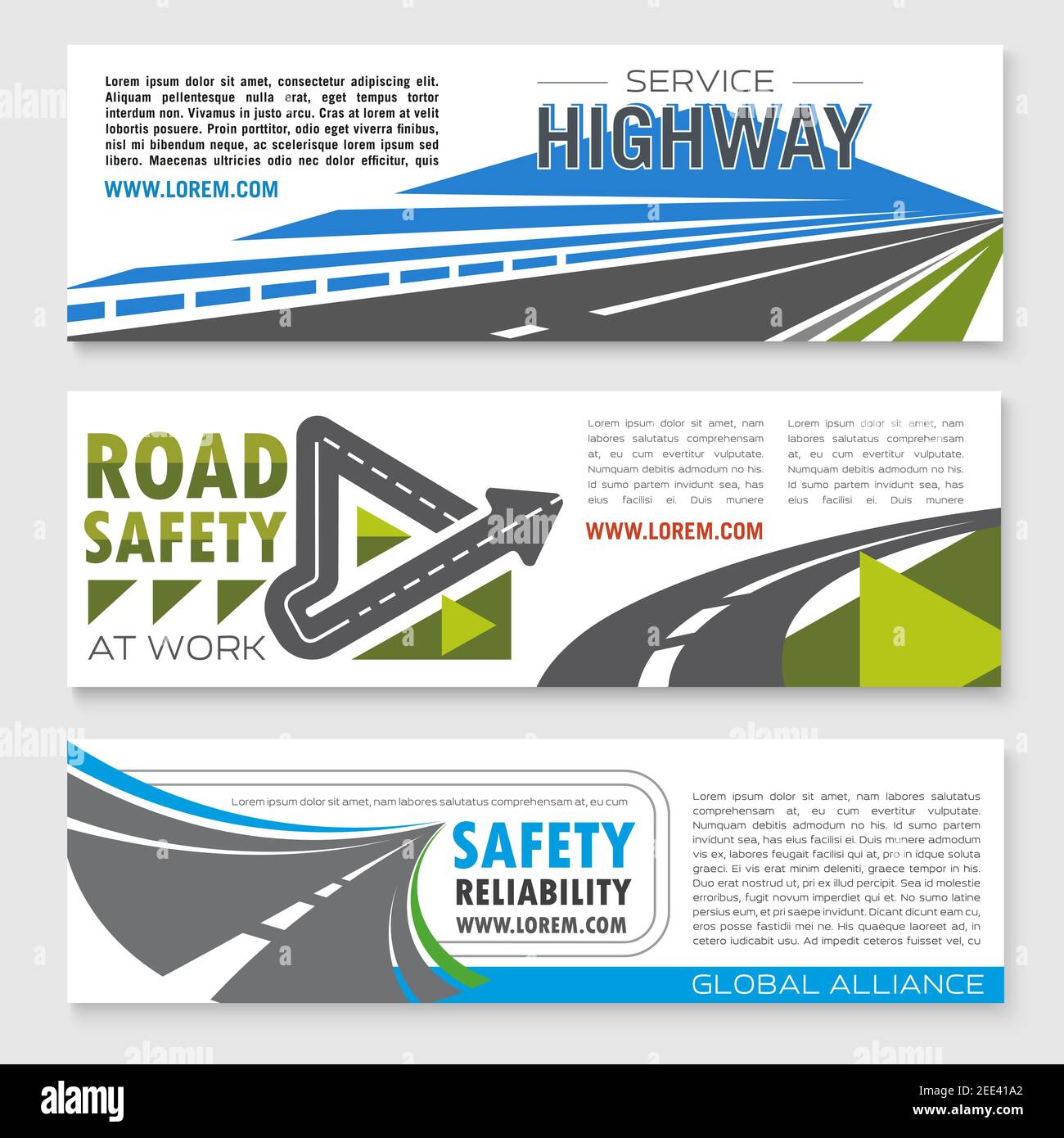 Road safety service banners set for highway reliability construction or ...