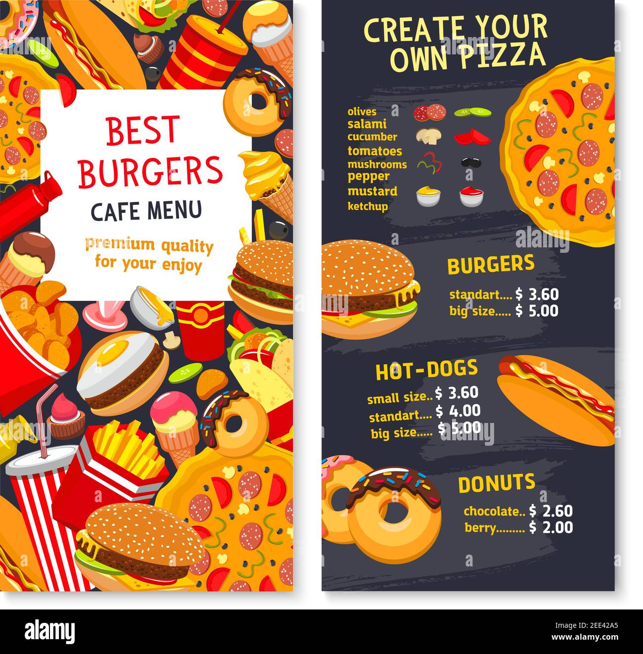 Fast food vector menu card with prices for burgers, pizza or hot dogs ...
