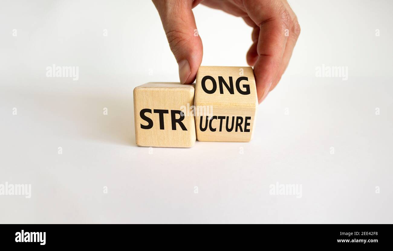 Strong structure symbol. Businessman turns a wooden cube with words ...