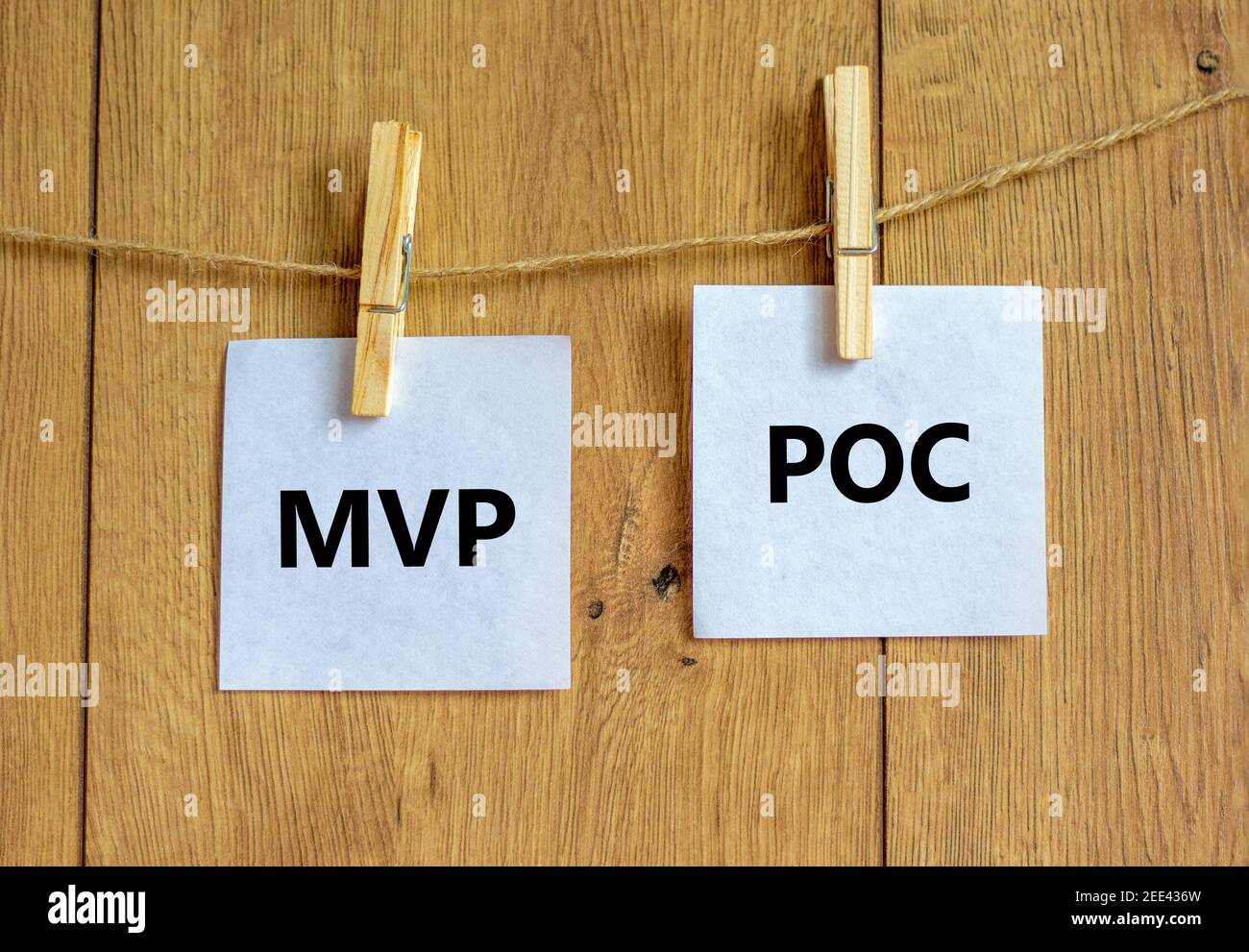 MVP vs POC symbol. Wooden clothespins with white paper. Words MVP ...