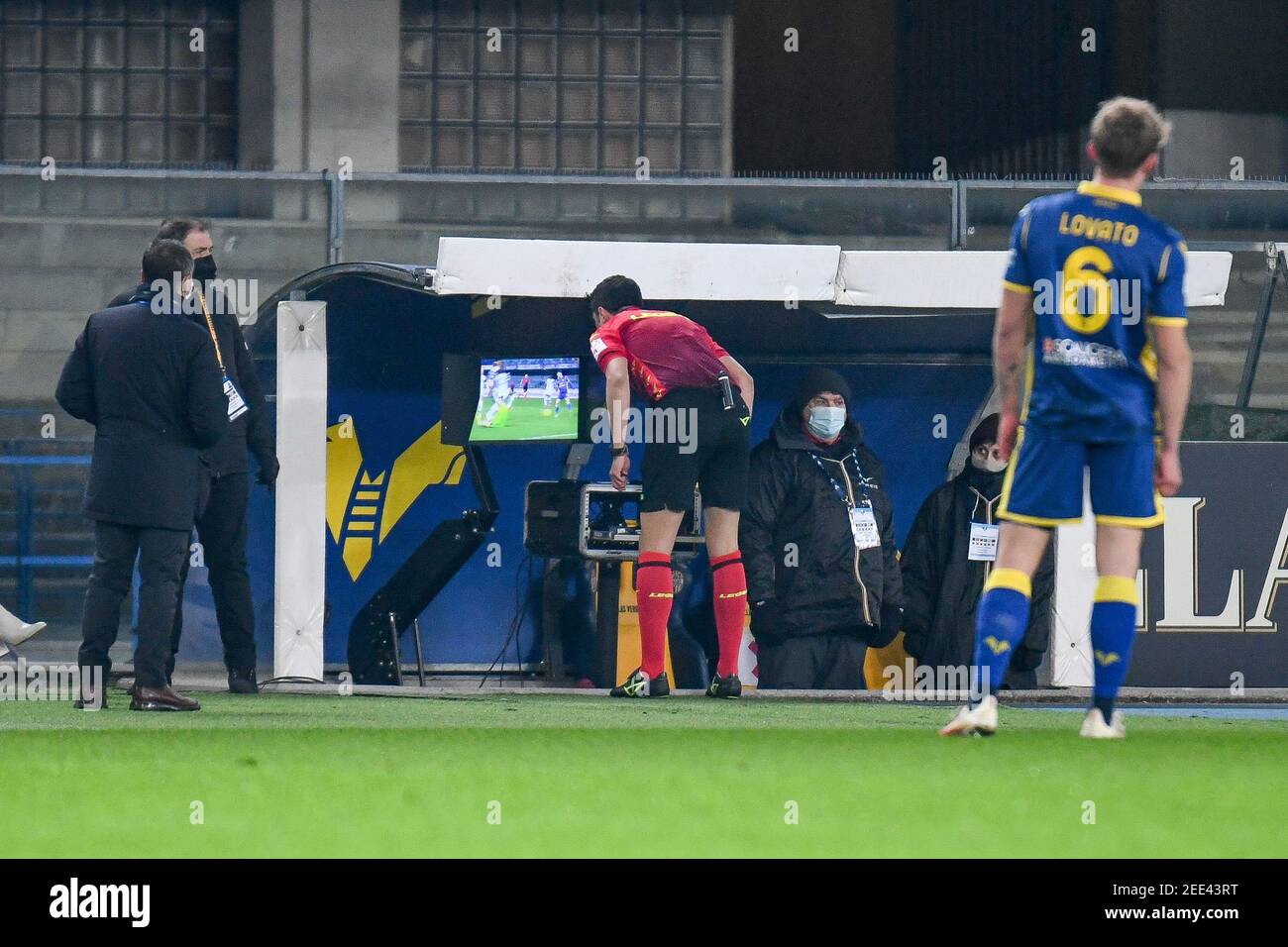 Verona, Italy. 15th Feb, 2021. The referee of the match Luca Massimi at ...