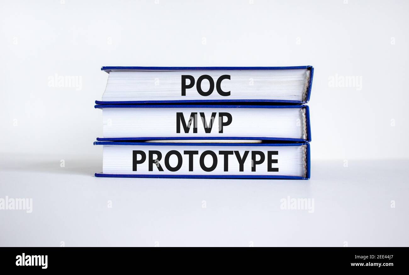 POC, MVP or prototype symbol. Books with words POC, proof of concept ...