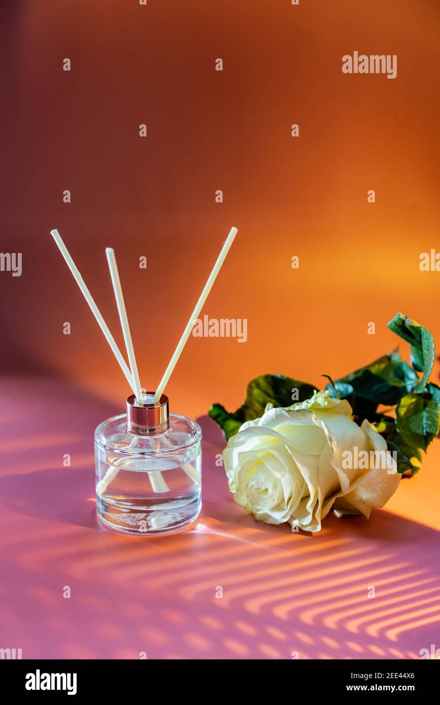 Aroma reed diffuser and rose flower, home fragrance bottle with rattan ...