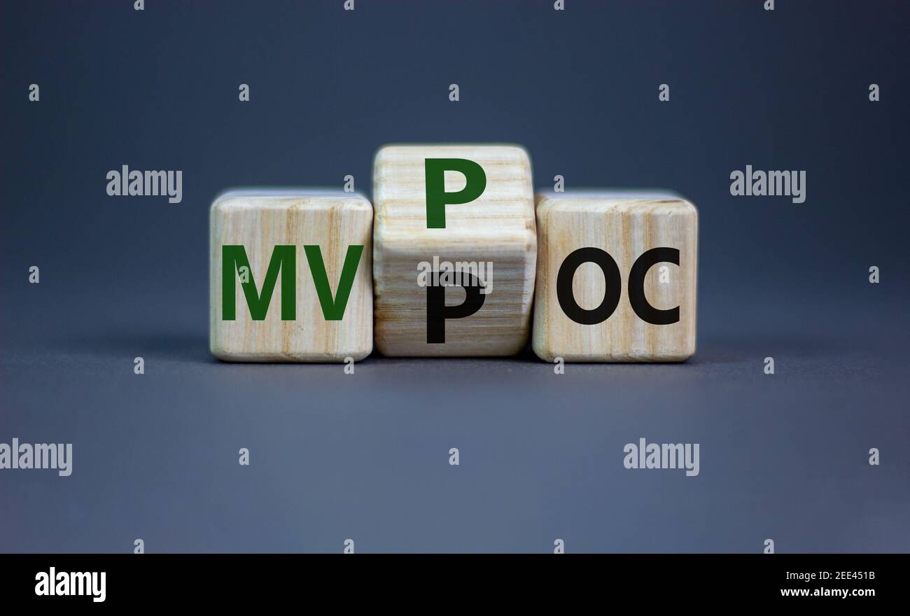 MVP vs POC symbol. Businessman turns the cube. changes words MVP ...
