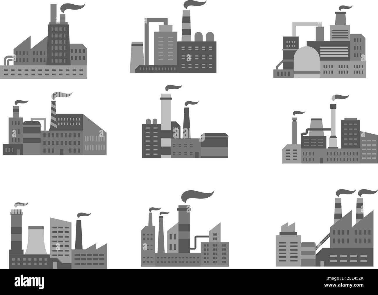 Factory or industrial plant icons of oil and mining or nuclear and ...